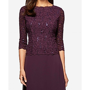 Alex Evenings Women's 3/4 Sleeve Stretch Lace Bodice One Piece Mother of The Bride Dress (Petite and Regular Sizes), Deep Plum, 8