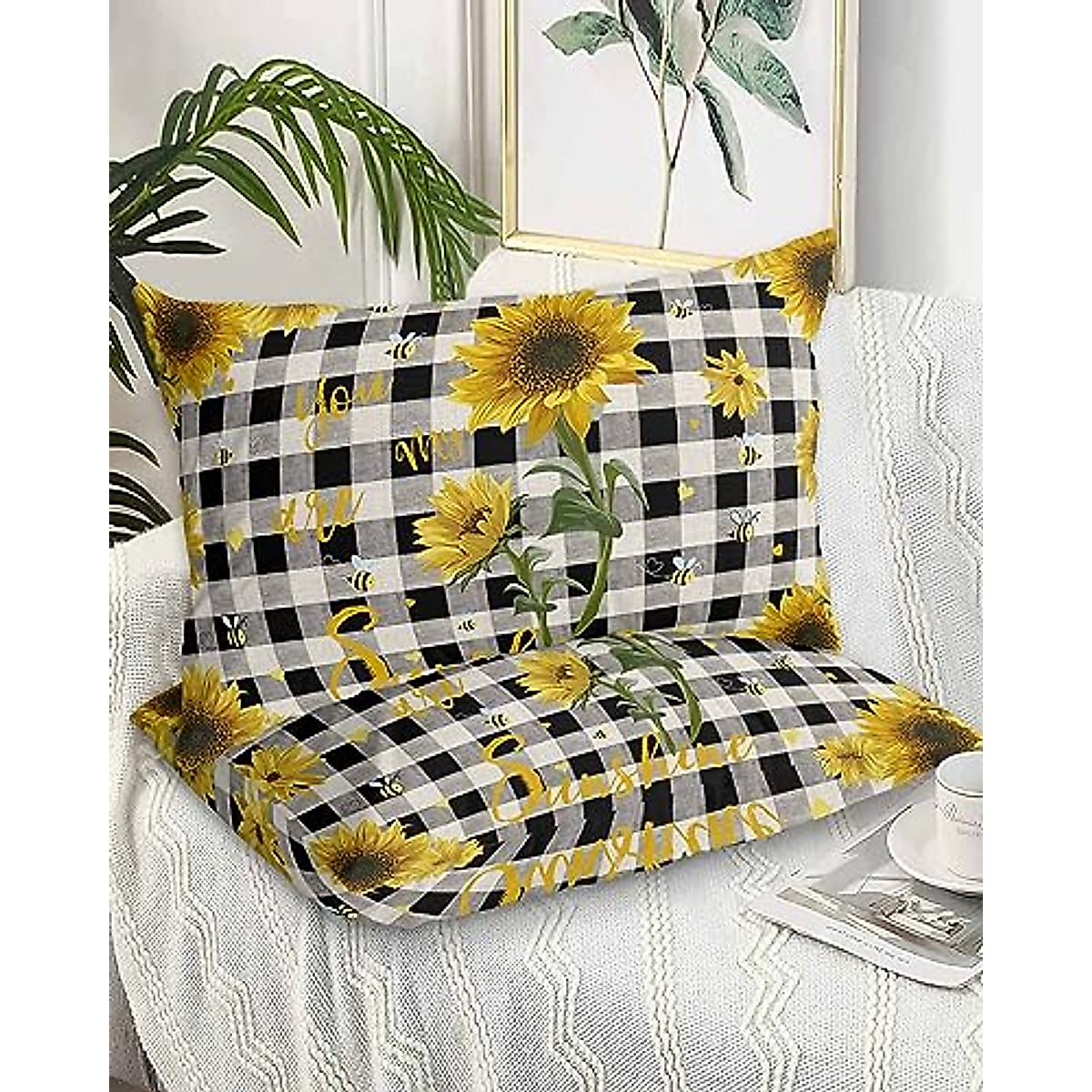 Summer Sunflower Pillow Covers Standard Size Set of 2 20x26 Bed Pillow, Black White Plaid Spring Floral Bee Rustic Wood Plush Soft Comfort for Hair/ Skin Cooling Pillowcases with Envelop Closure