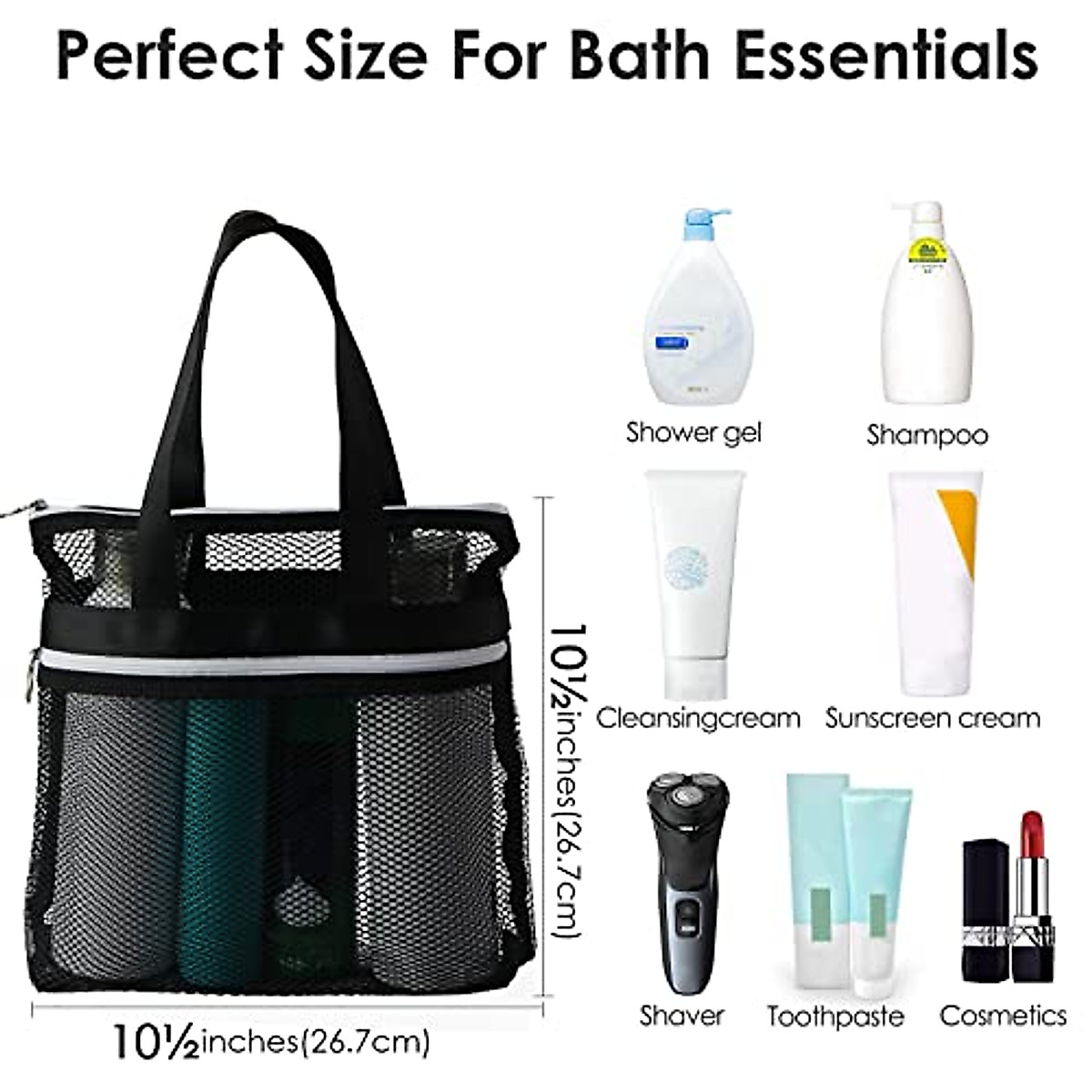 DODAMOUR 2 Packs Mesh Shower Caddy, Portable Shower Tote Bag for College Dorm, Travel Hanging Toiletry Bath Organizer with Zipper (Black)