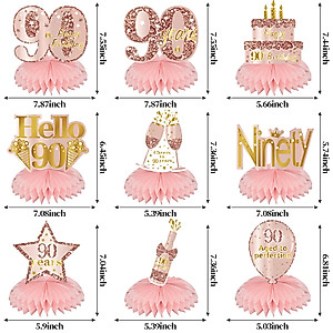 Turypaty Pink Rose Gold 90th Birthday Honeycomb Centerpieces Decorations for Women, 9Pcs Rose Gold Happy 90th Birthday Table Centerpieces Party Supplies, 90 Year Old Birthday Table Toppers Decor