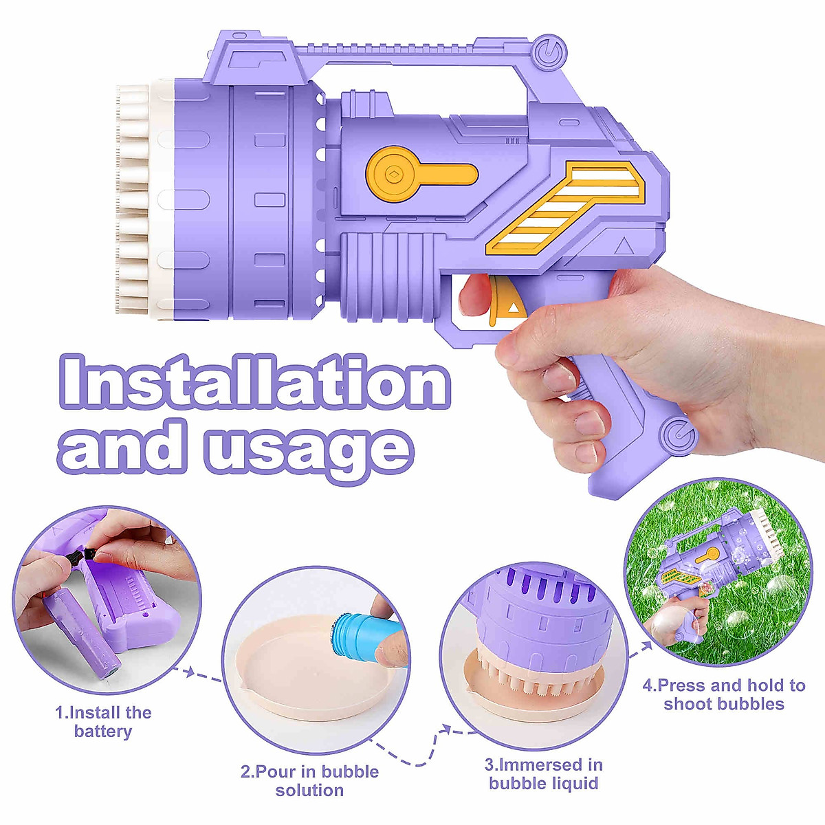 Winsenpro Bubble Gun,2-Pack 69 Holes Bubble Machine Gun with Light and 8 Bottles Bubbles Solution,Bubble Blower for Toddlers Summer Outdoor Toys Games Party Favors Gifts (LightBlue+Purple)