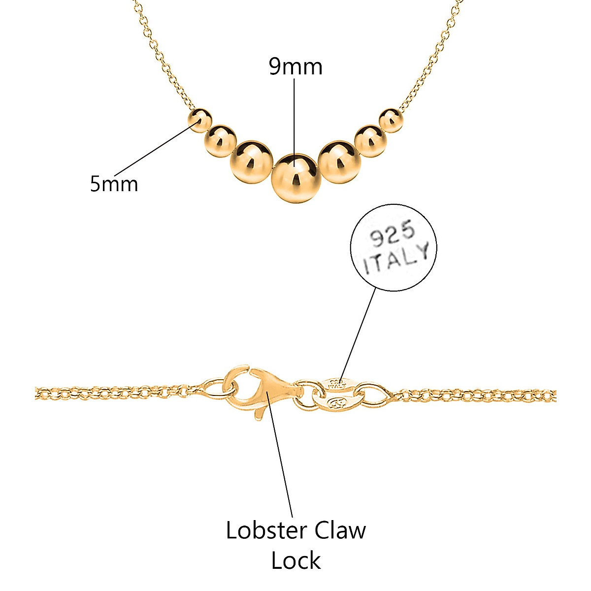 Savlano 925 Sterling Silver 14K Gold Plated 18 Inch Italian Solid Graduated Bead Ball Necklace Chain Comes With Gift Box for Women - Made in Italy (Yellow)