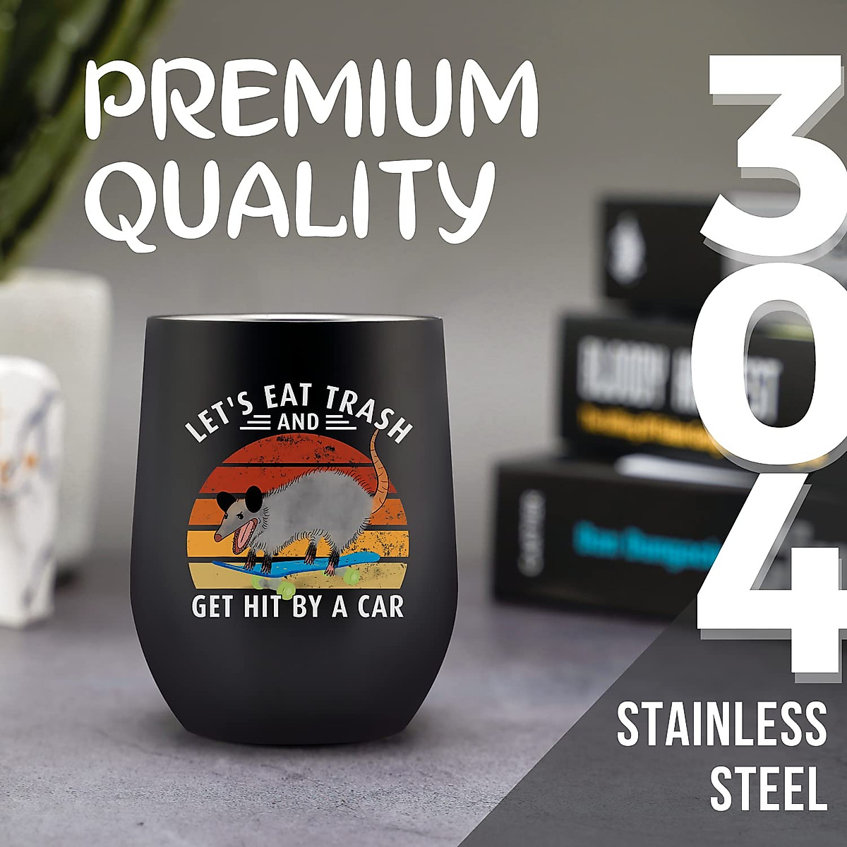 Funny Possum Gifts for Women & Men, Unique Gifts for Possum Lover, Possum 12oz Wine Tumbler with Spill-Proof Lid, Opossum Gifts, Gift Box Included - Let's Eat Trash And Get Hit By A Car