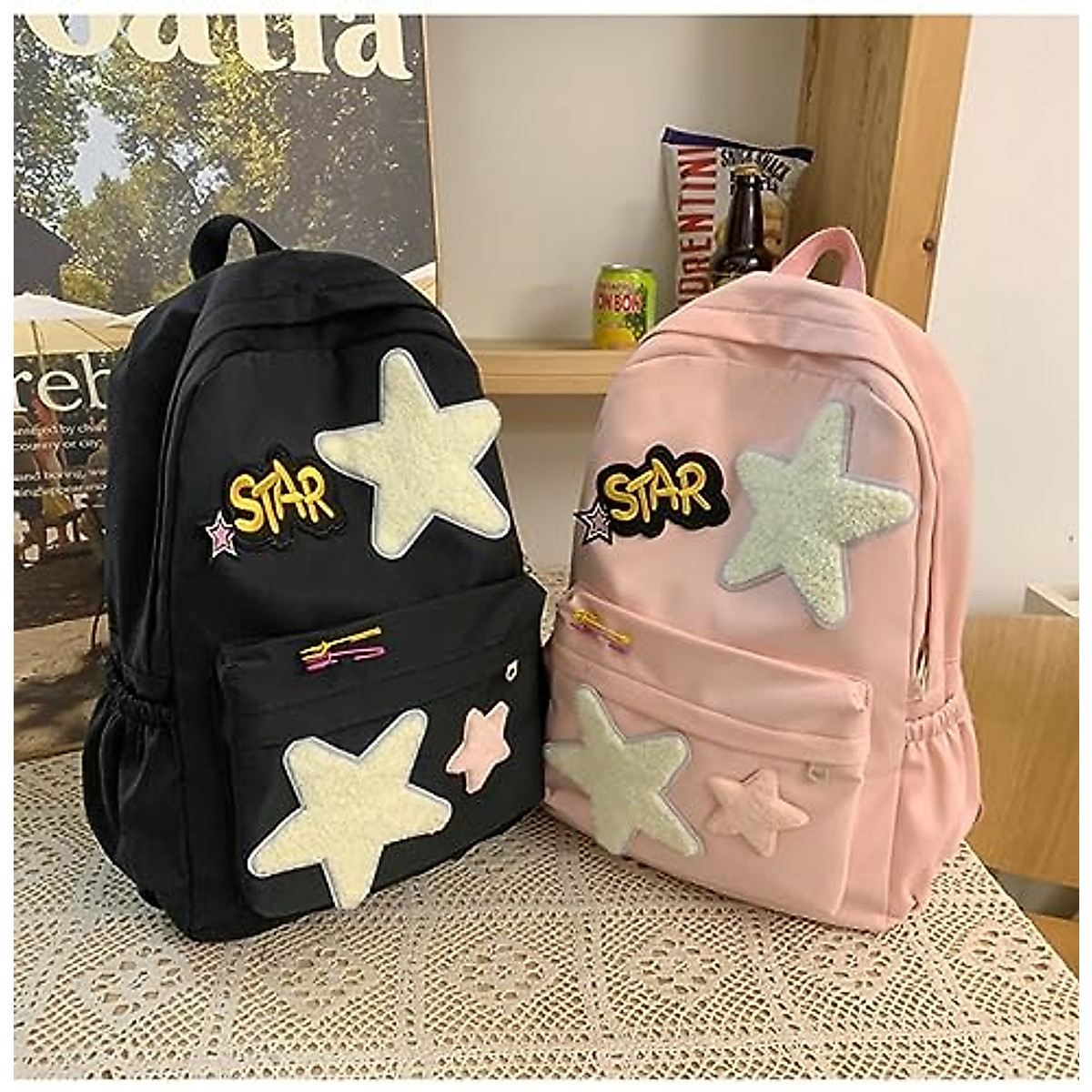 STRGZR Kawaii Cute Backpack, Aesthetic Y2K Retro Star Graphic Harajuku Backpack Laptop Backpack Travel Casual Daypack (Black)