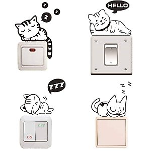 Removable Switch Sticker, 4 Pcs Cute Black Sleeping Cats Cartoon Wall Sticker, Light Switch Decor Decals, Family DIY Decor Art Car Stickers Home Decor Wall Art for Kids Living Room Office Decoration