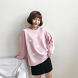 Women Kawaii Ulzzang Thick Vintage College Loose Sweater Female Sweet Cute Clouds Embroidery Knitted Kawaii Casual Pullover Pink