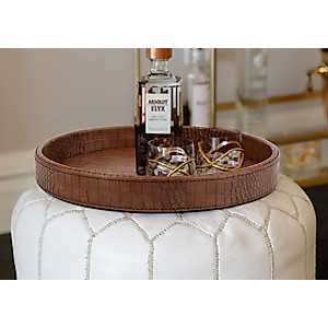 HofferRuffer Faux Leather Round Serving Tray, Vegan Croco Leather Decorative Tray, Food Tray for Storage Drinks, Snack & Cosmetics, Dia.12'' x 1.6'' (Antique Brown)