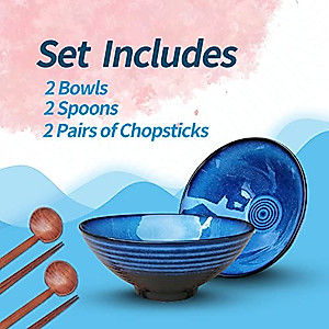 uniidea Ramen Bowl, Japanese Ramen Bowls Set, Large Ceramic Asian Pho Soup Bowl 42 oz with Chopsticks and Spoon, Big Noodle Bowls Blue，2 Sets (6 Pieces)