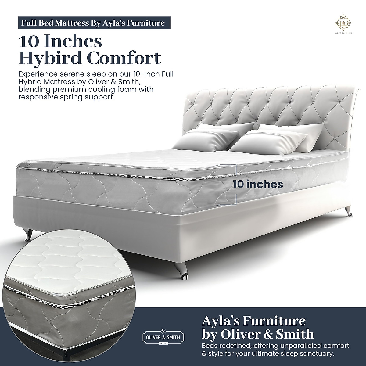 Aylas Furniture Full Size Mattress - 10 Inch Hybrid Full Mattress with High Density & Comfort Cold Foam with Continuous Coil Bonnell Springs - Eco-Friendly, Breathable Mattress Full Size Medium Firm