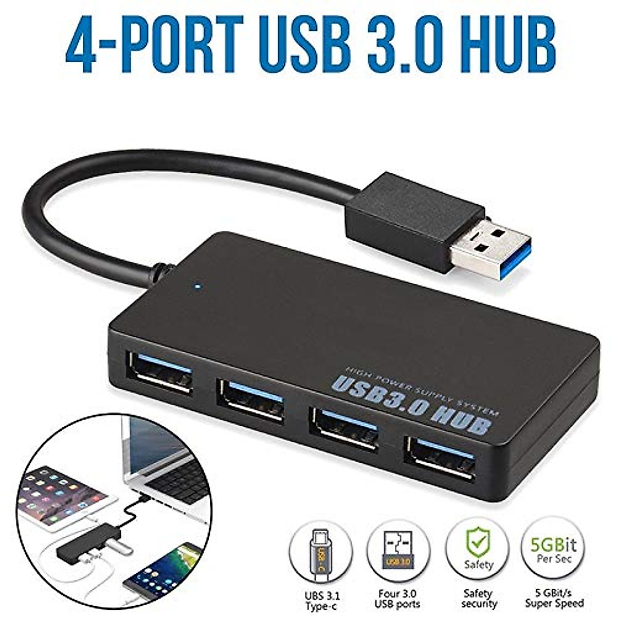 Lysee HDMI Cables - Retail USB 3.0 Hub 4 Port High Speed Slim Compact Expansion Splitter - (Color: Black, Length: Other)