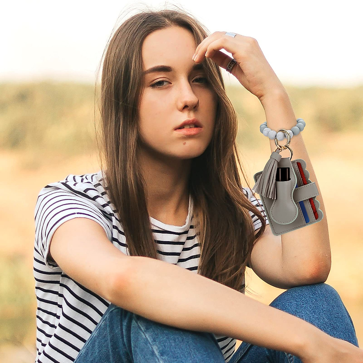 KESOCORAY Women Wristlet Bracelet Keychain Wallet,Silicone Beaded Bangle Keyring Tassel (Creamy Gray)