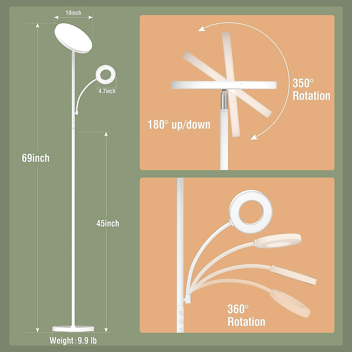 marctronic White Floor Lamp, 42W 4000LM Super Bright LED Room Lamp with Adjustable Reading Light,Dimmable Modern Standing Lamp with Remote & Touch Control for Room Bedroom Office Floor Light