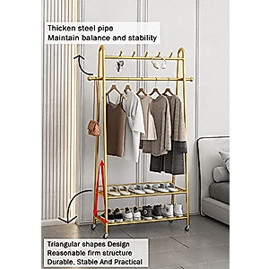 MAIKAILUN Clothes Rack Gold, Freestanding Coat Rack Modern Rolling Garment Rack with Wheels and Bottom Shelves, Industrial Heavy Duty Pipe Clothing Rack Wardrobe Closet for Boutique Display (39" L)
