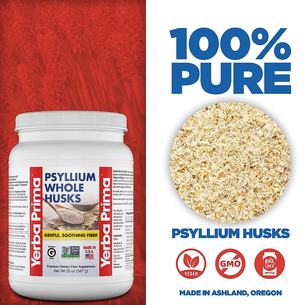 Yerba Prima Psyllium Whole Husks Fiber Supplement - Colon Cleanse - Gut Health - Vegan Non-GMO Gluten Free - 20oz