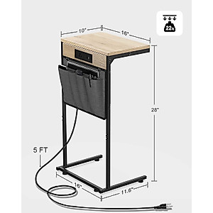 Evermagin C Shaped End Table with Charging Station, Small Side Table for Recliner, Over Couch Table with Outlet and Storage Bag, Slide Under Sofa Tray Table for Living Room, Bedroom, Greige