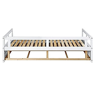 YSWH Pinewood Extending Daybed with Storage Drawers, Can Be Expanded from Twin Size to King Size, Sofa Bed Frame with Safety Guardrails, for Kids Teens (White)