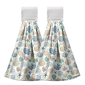 Kwlegh Summer Starfish Hanging Kitchen Towels Set of 2 Coastal Seashells Tie Towels Beach Bathroom Hand Towels Soft Absorbent Dish Towels with Hanging Loop for Bathroom Kitchen 12x17 Inch