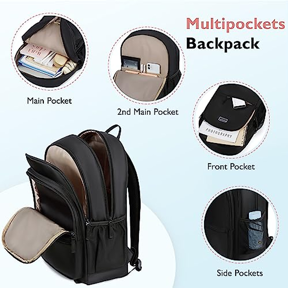 mommore School Backpack 3 Large Compartments Work Bookbag Water Resistant Lightweight Backpacks Casual Travel Backpack