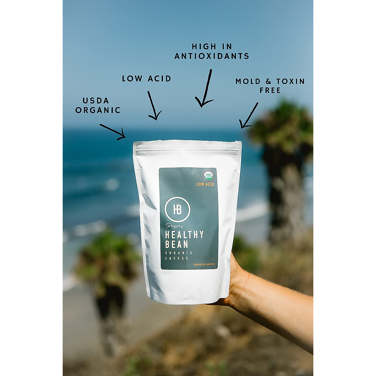 Healthy Bean Coffee - Organic Espresso Ground Coffee - Low Acid Coffee Grounds, Strong, Rich Flavor Clean Coffee, Healthy Coffee - USDA Organic Ground Espresso, Mycotoxin Free Coffee, 11oz