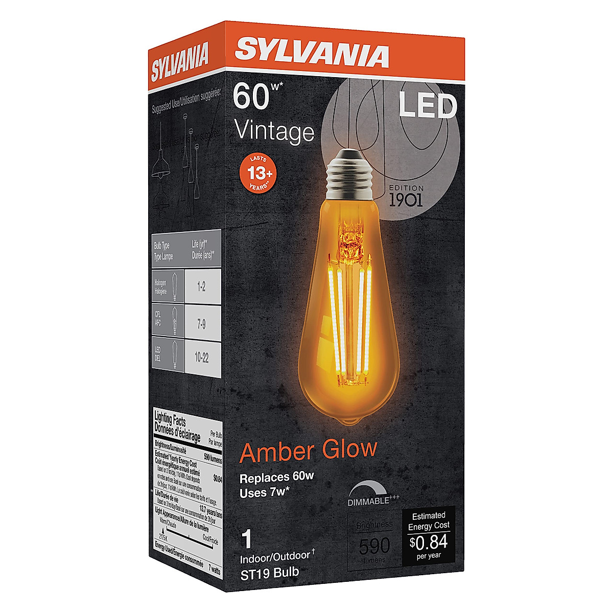 SYLVANIA LED Vintage ST19 60W Equivalent, Efficient 7 W, E26 Medium Base, Dimmable 2175K Amber Glow Light Bulb, 1 pack