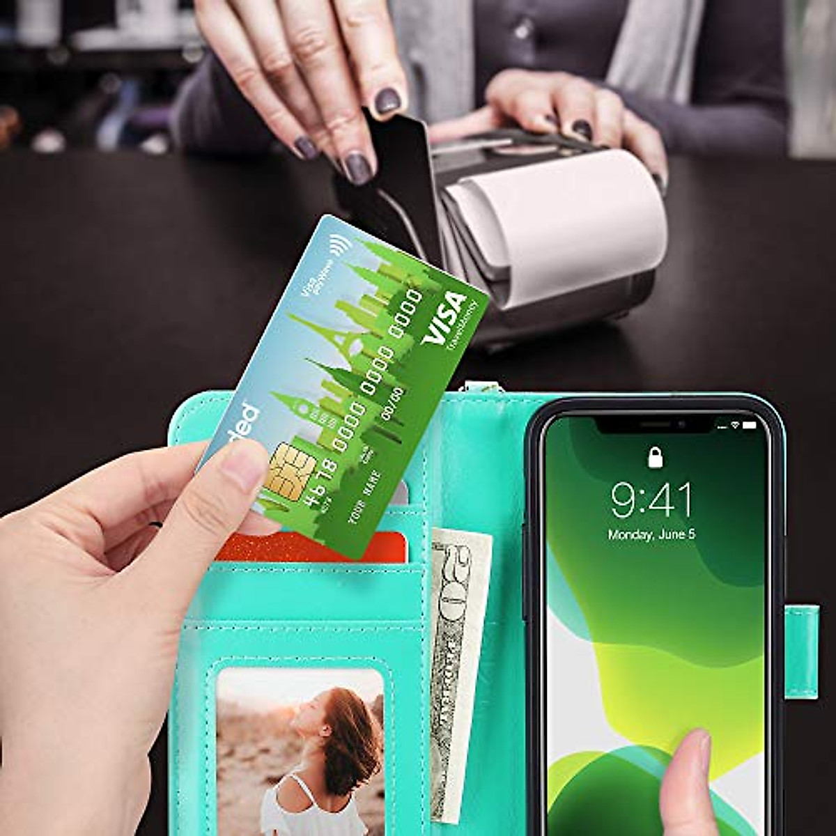 ULAK Compatible with iPhone 12 Mini Wallet Case with Card Holders for Women, Designed PU Leather Flip Wallet with Kickstand Card Slot, Protective Phone Cover for iPhone 12 Mini, 5.4inch, Mint Flower