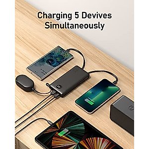 VEEKTOMX Portable Charger with Built in Cables, 10000mAh Ultra Slim Power Bank with 5 Outputs and LED Display, External Battery Compatible with iPhone/iPad/Samsung and Other Smart Devices for Travel