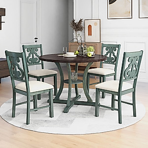 5-Piece Round Dining Table and 4 Chairs Set with Storage Shelf, Special-Shaped Legs and an Exquisitely Designed Hollow Back for Kitchen Living Room, Antique Blue+Dark Brown
