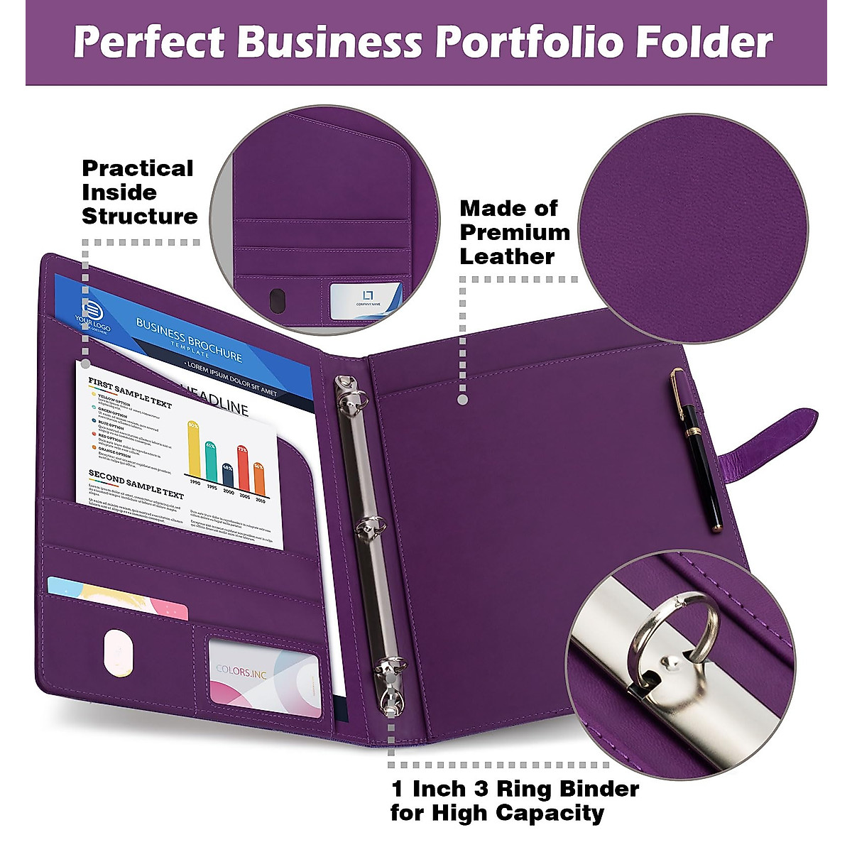 Leather Padfolio 3 Ring Binder (1 inch Round Ring) for Letter Size (11" x 8.5"), Business Portfolio Folder for Interview, Conference and Presentation, Purple