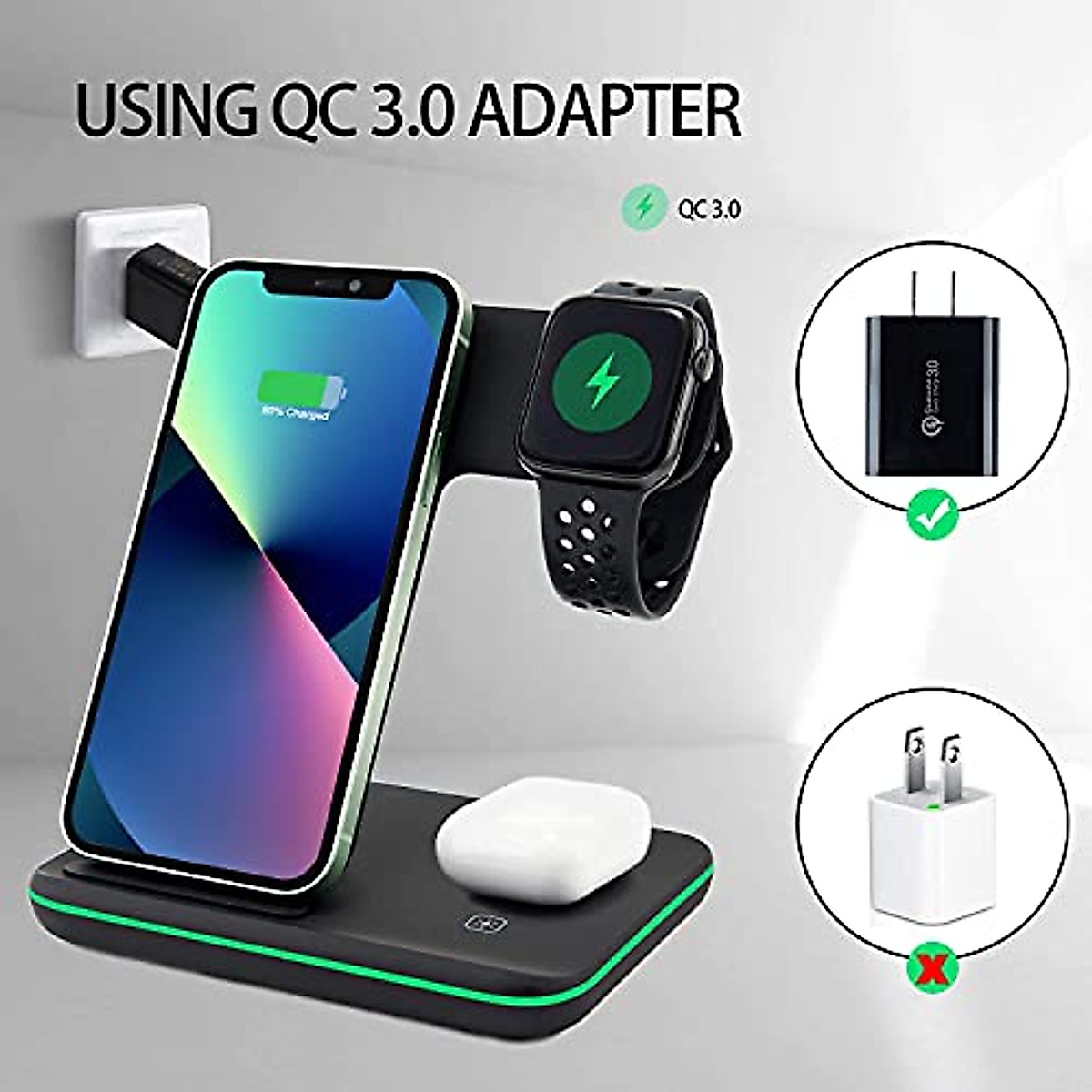 Wireless Charger, 3 in 1 Qi Certified 15W Fast Wireless Charging Station for Apple iWatch Series 7/SE/6/5/4/3/2,AirPods 2/Pro, Compatible for iPhone 13/12/11 Series/XS MAX/XR/XS/X/8/8 Plus/Samsung