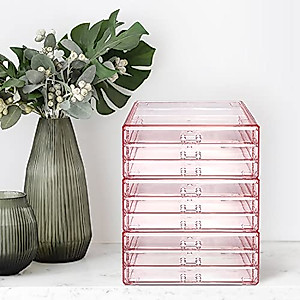 Ikee Design Acrylic Jewelry Makeup Storage Drawer Organizer, 3 Pieces Storage Set for Home Storage and Office Stationary Drawers, Pink Color, 9.38" W x 5.38" D x 12.75" H