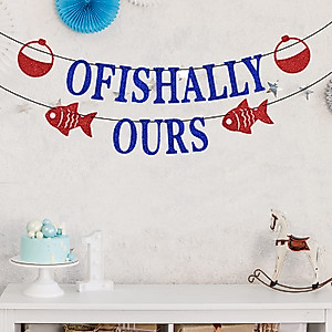 Ferastar Ofishally Ours Banner, Fishing Adoption Banner, Ofishally Ours Themed Family Party Decor, Welcome Home Banner, Home Party Supply Blue Glitter