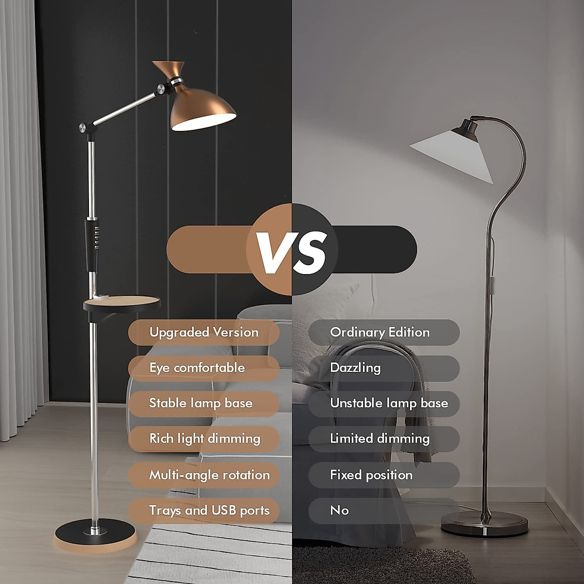 Buanick Floor Lamp with USB Charging and Tray,Super Bright Dimmable LED Floor Lamps for Living Room, Double Luminaire Floor Lamp for Bedroom and Office-Golden
