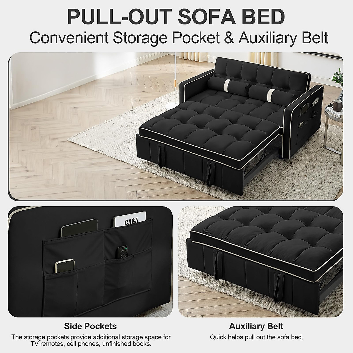 3-in-1 Convertible Sleeper Sofa Bed,55.5" Modern Tufted Velvet Pull Out Couch Bed,Futon Small Love Seat Sofa with Adjustable Backrest&Cylinder Pillows for Living Room,Apartment,Small Places(Black)