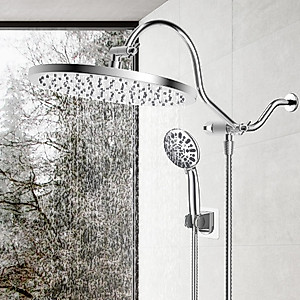 Hibbent 12 Inch Thickness Metal Rainfall Shower Head/Handheld Showerhead Combo with 12 Inch Adjustable Curved Shower Extension Arm, 7-Spray, 71 Inch Hose, Adhesive Showerhead Holder, Chrome