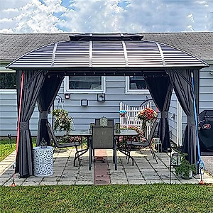 Goohome 10'x12' Hardtop Gazebo, Wooden Coated Aluminum Frame Canopy Double Roof Gazebo with Zippered Mosquito Netting and Privacy Sidewall, Outdoor Permanent Hard Top Waterproof Pergola for Shade Lawn
