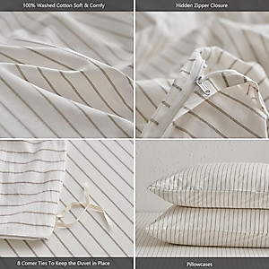 MooMee Bedding Duvet Cover Set Striped 100% Washed Cotton Linen Like Textured Breathable Durable Soft Comfy (White Tannish Linen Grey Stripe, King)