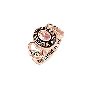 PJM Customized Sterling Silver Ladies High School Class Ring – Heart Deco Collection – Fully Personalized (Sterling Silver Rose Gold, 5.5)