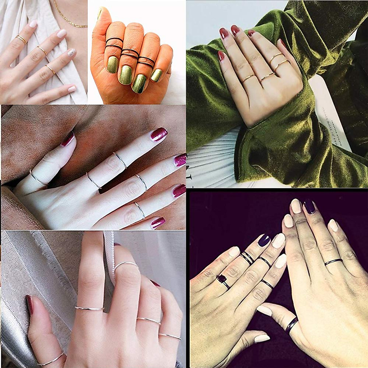 INRENG 7pcs 1mm Stainless Steel Women's Plain Band Thin Knuckle Stacking Midi Rings Comfort Fit Size 3 to 9, Black