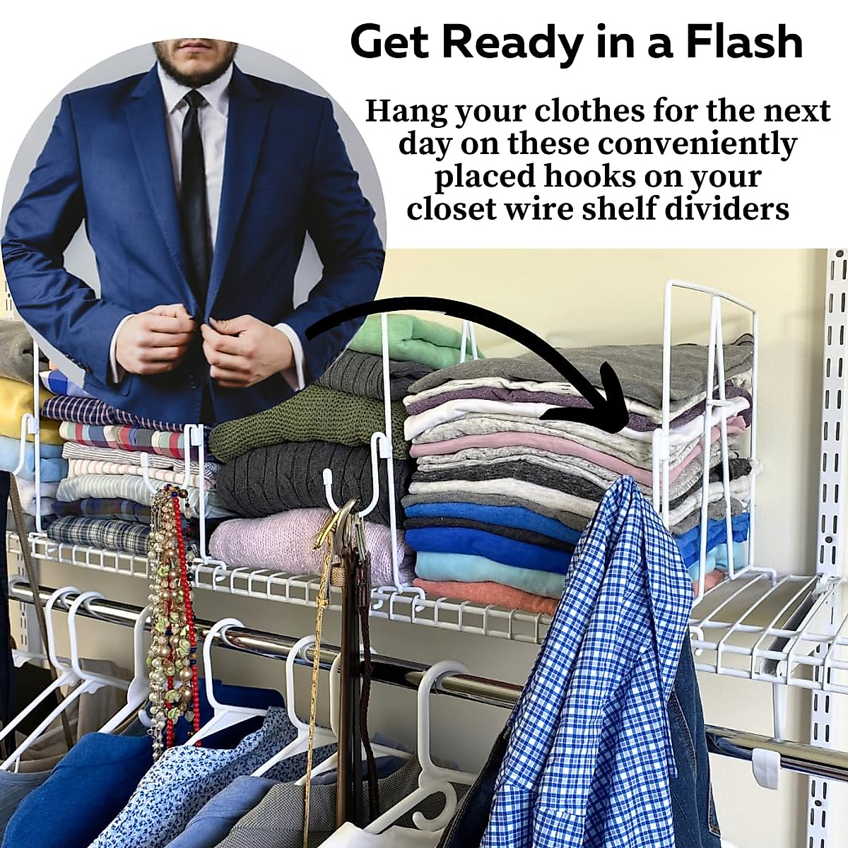 Evelots Wire Shelf Dividers 8 Pack with New Patent Pending Removable Hooks,Extra Closet Storage & Organization for Home or Office -Tall Shelf Separator-Easy Clip-No Tool- Coated Steel