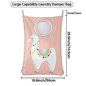 Cute Alpaca Hanging Laundry Hamper Bag with 2 Door Hooks, Pink Alpaca Holding Dirty Clothes Bag, Saving Space Hanging Laundry Bag for Door Wall, Closet, Bathroom