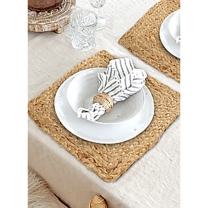 Natural Jute Placemat Set of 4 - Square 13 Inch Decorative Reversible Braided Hand Woven Charger for Dinner Table Décor Farmhouse Christmas Wedding Family Gathering Party and Everyday Use