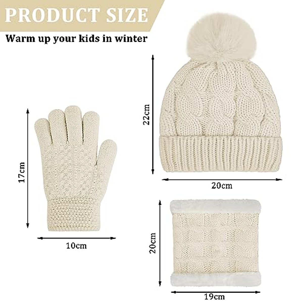 YSense 3 Pcs Kids Winter Beanie Hat Scarf Gloves Set Thick Knit Warm Fleece Fuzzy Lined Beanie Caps Mittens for Boys Girls Gifts