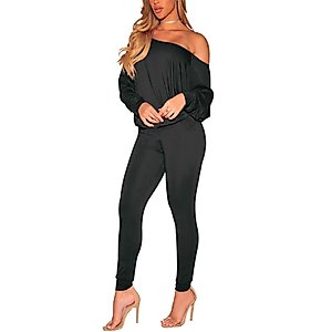 OLUOLIN Women's Sexy One Off Shoulder Long Sleeve Bodycon Pants Set Casual 2 Piece Outfits Tracksuit Stretchy Jumpsuit
