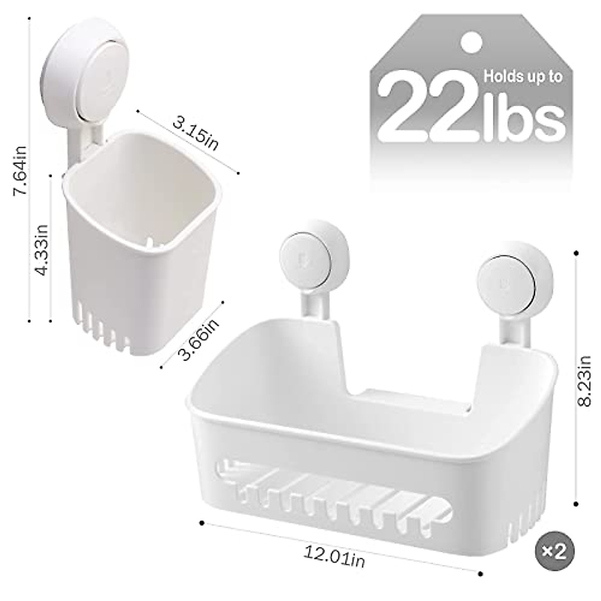 LEVERLOC Toothbrush Holder Suction Cup and 2 Shower Caddy Baskets Wall Mounted Drill-Free for Bathroom Shower Removable Waterproof Sturdy Self Draining for Kitchen