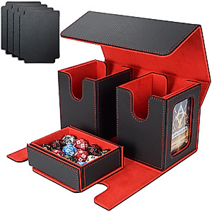 AFIING Mtg deck box with commander display- Fits 200 Double Sleeved Cards,3-in-1Card Deck Case,Strong Magnet Card Organizer For Magic Commander TCG CCG,4Dividers &2 Toploaders, Black/Red