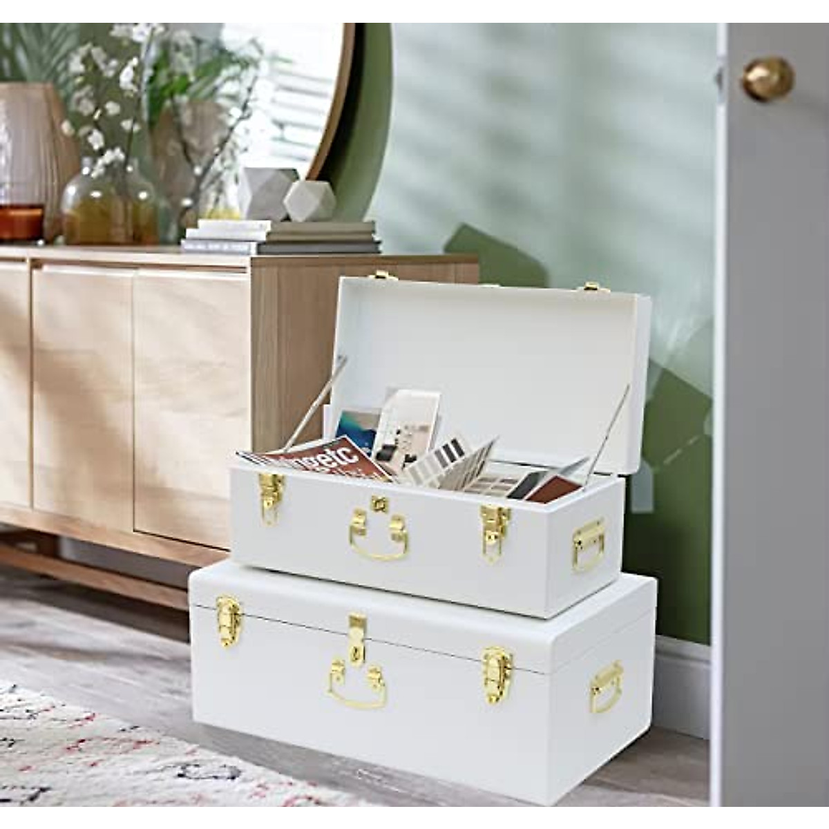 Vixdonos Decorative Metal Box Storage Trunks Set of 2 College Dorm Chest with Lock Hole,23.7X14.2X9.5 Inches(White)