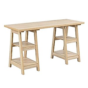 Convenience Concepts Designs2Go Double Trestle Desk with Shelves, Weathered White