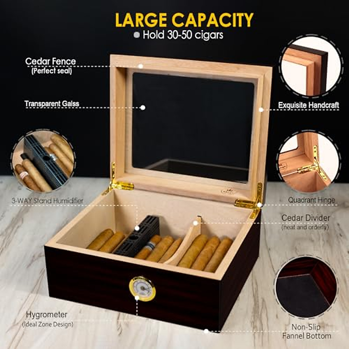 Slege Cigar Humidor,Humidor Cigar Box for Cuban Cigars,Glass-Top Humidor Spanish Cedar-Cigar Case,Humidifier,Divider,Hygrometer