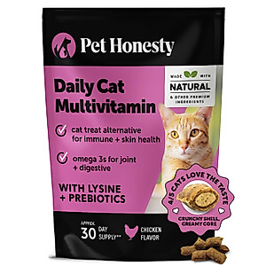 Pet Honesty Cat Multivitamin Chews - Cat Treats for Health + Immune, Cat Joint Support, Skin & Coat, and Digestion | Omega 3s, Lysine for Cats, Cat Probiotic, Cat Vitamins - Chicken (30-Day Supply)