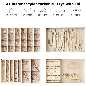 Oyydecor Stackable Jewelry Organizer Tray, Jewelry Drawer Organizer Set of 4 - Earrings, Necklaces, Rings, Bracelets Storage for Women and Girls - Beige.